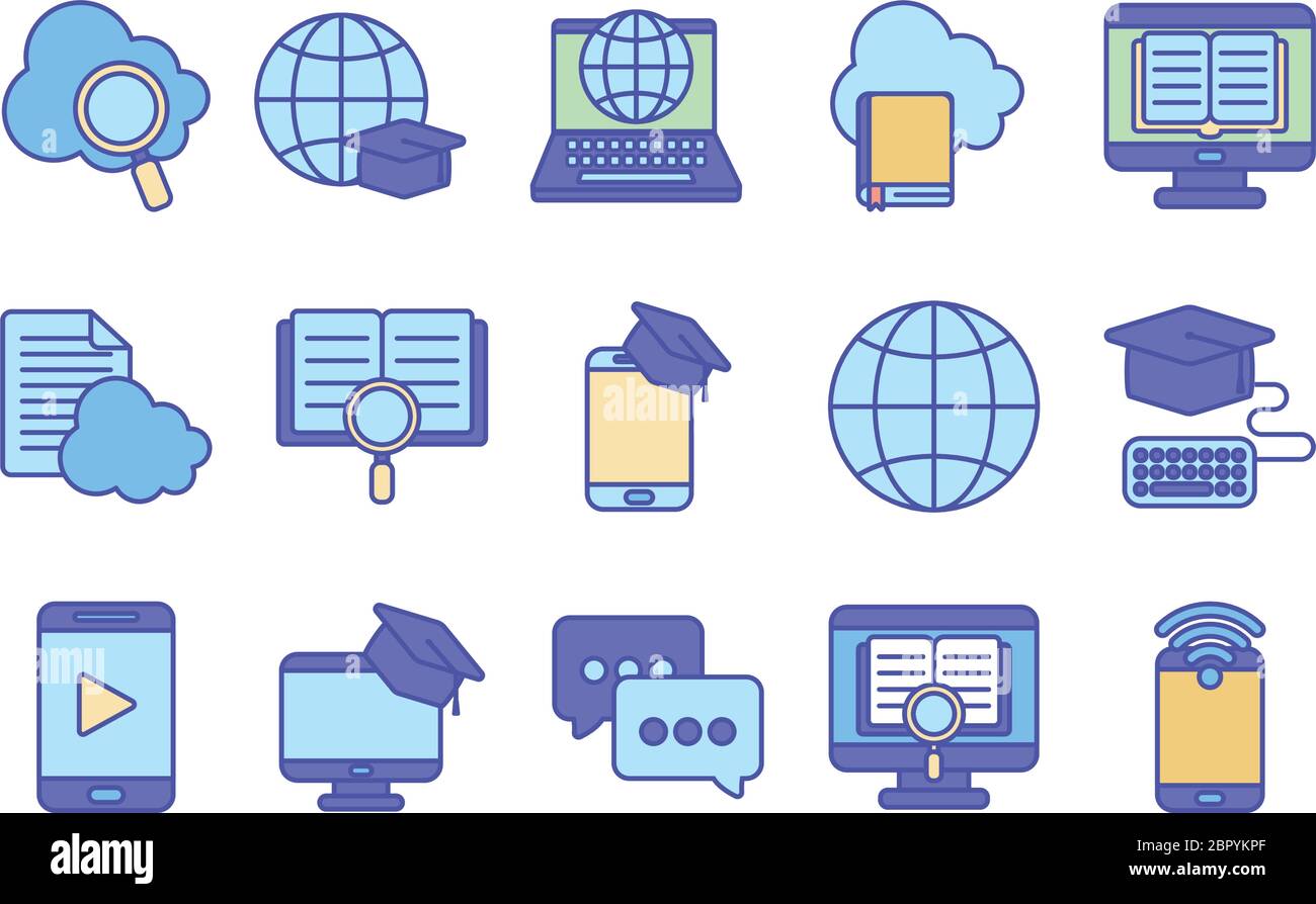 line and fill style icon set design, Education online and elearning ...