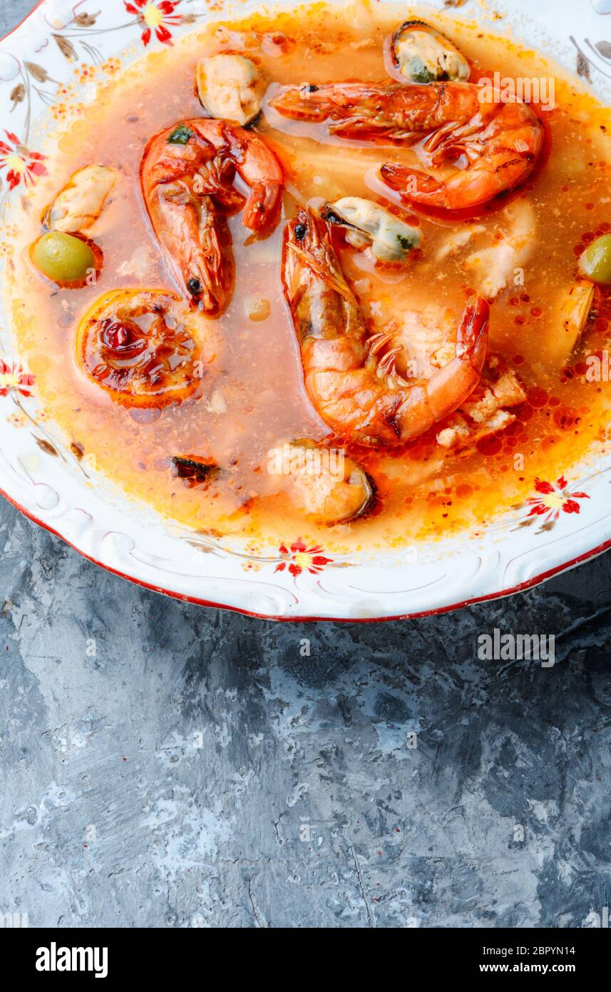 Tom Yam kung Spicy Thai soup with shrimp.Soup with fish and seafood ...