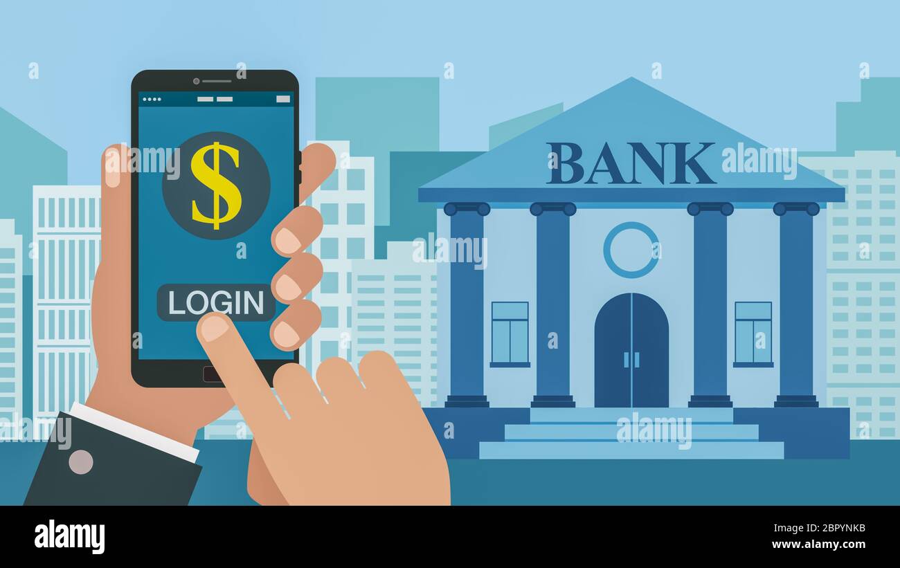 concept of online banking, cartoon flat style Stock Photo - Alamy