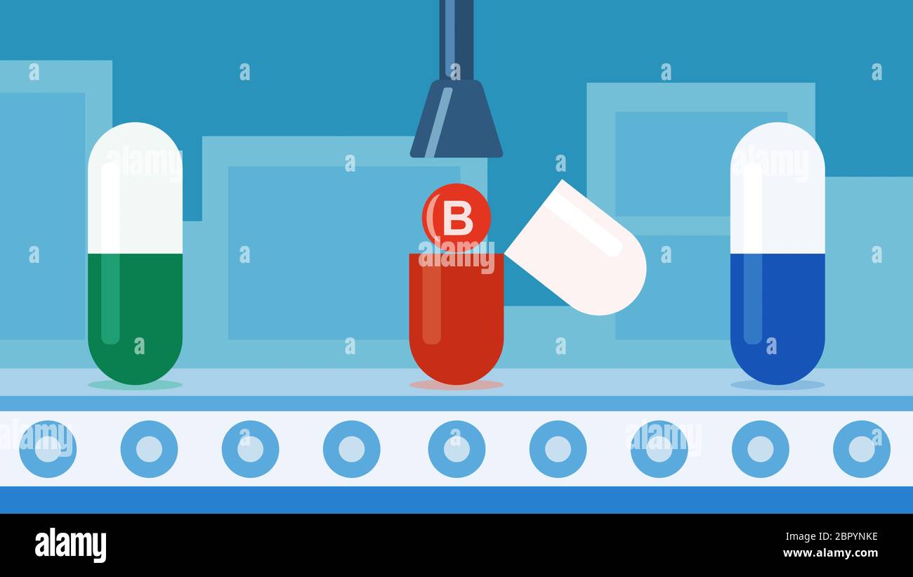 pharmaceutical industry, pills filled with vitamins, cartoon flat style ...
