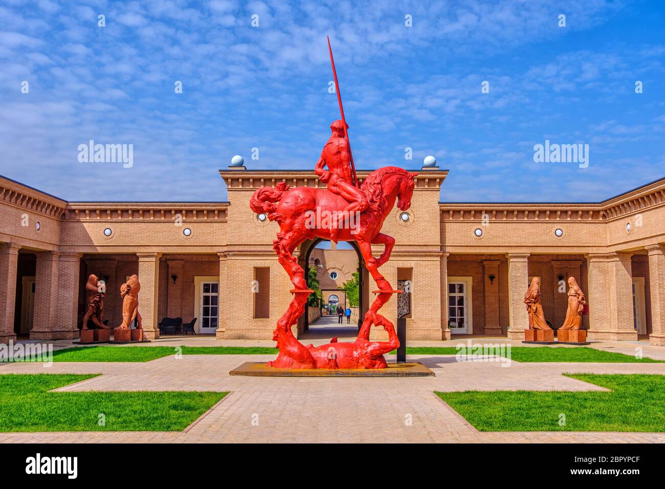 red knight and horse with plaza background at the Masone Labyrinth ...