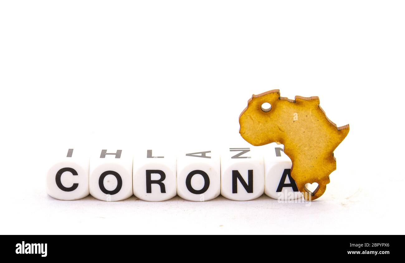 The shape of the African continent and the text word corona isolated on ...