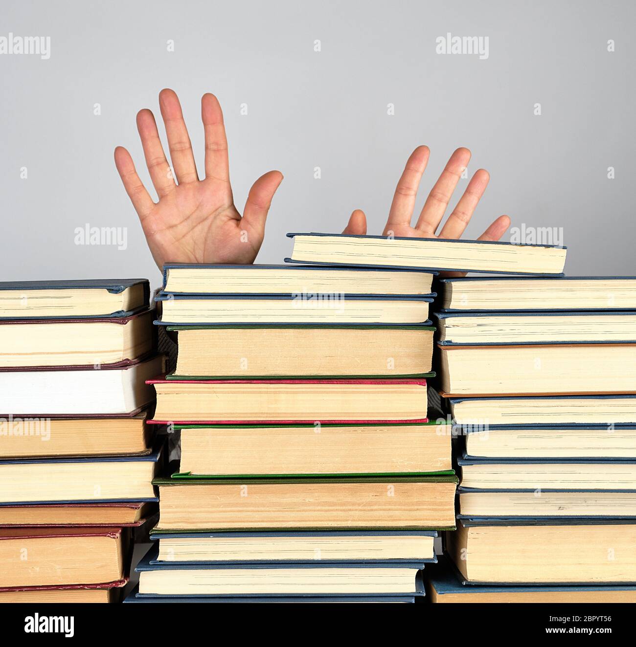 a stack of different books on a gray background, two female hands stick ...