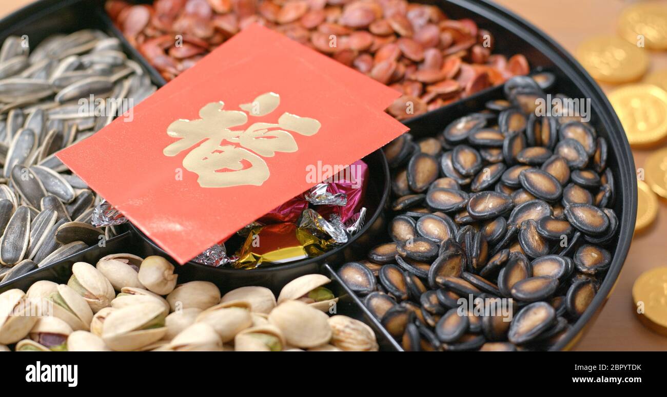 Snack box for chinese new year with red packet word means luck Stock ...
