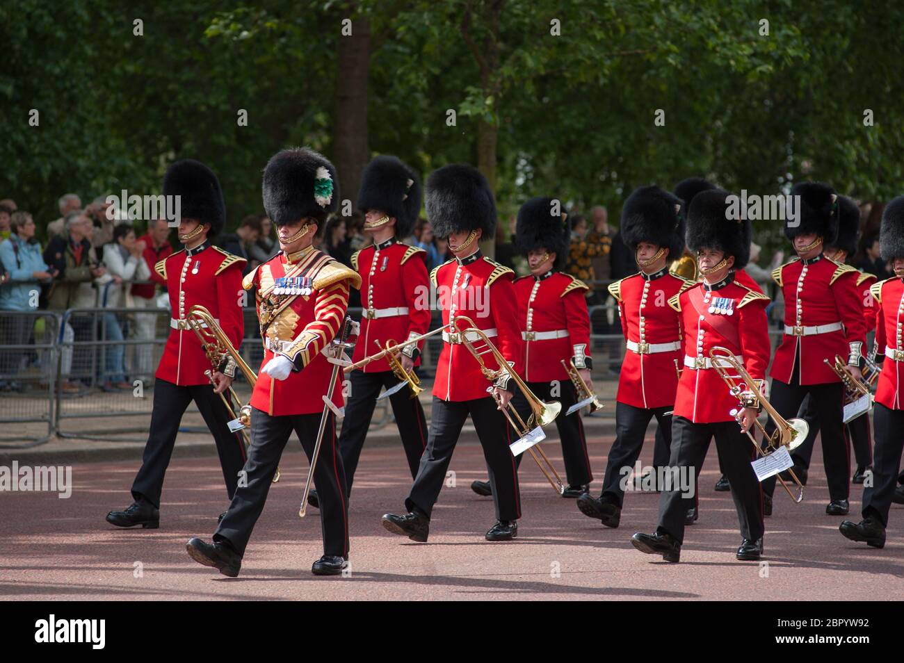 30th May 2015. Guardsmen march along The Mall from Horse Guards Parade ...