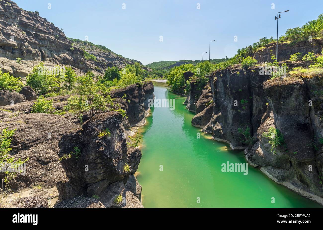 Venetikos river with green water and beautiful rock formations near ...