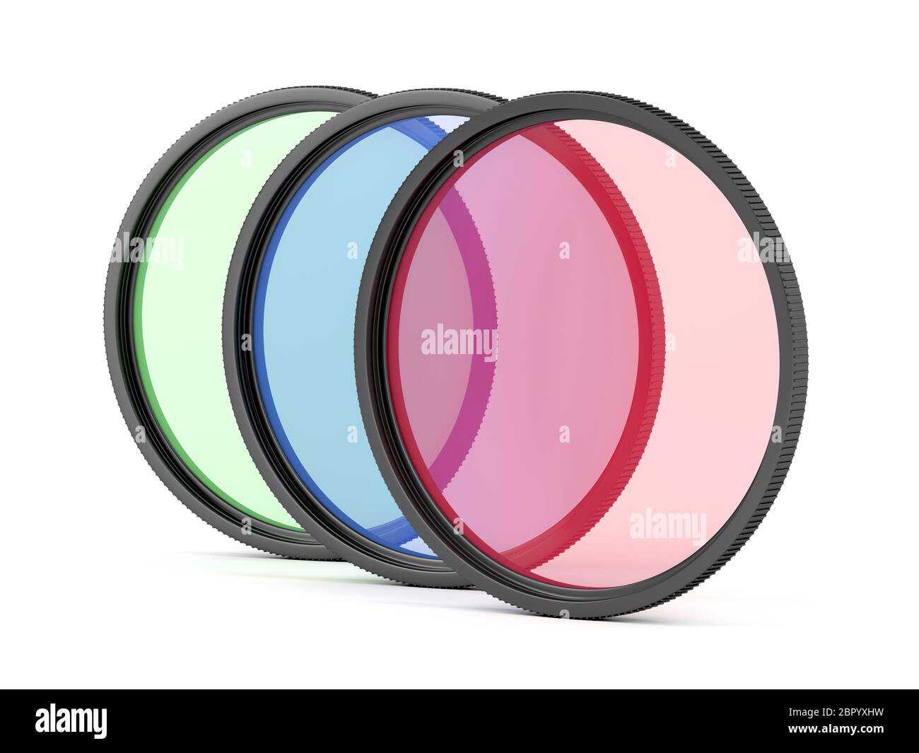 Red, blue and green color photographic filters on white background ...