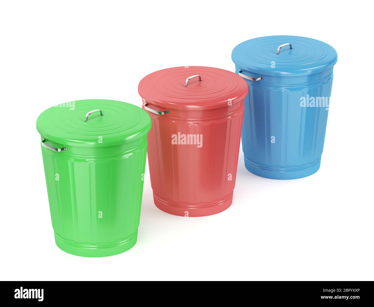 Three metal trash cans with different color on white background Stock ...