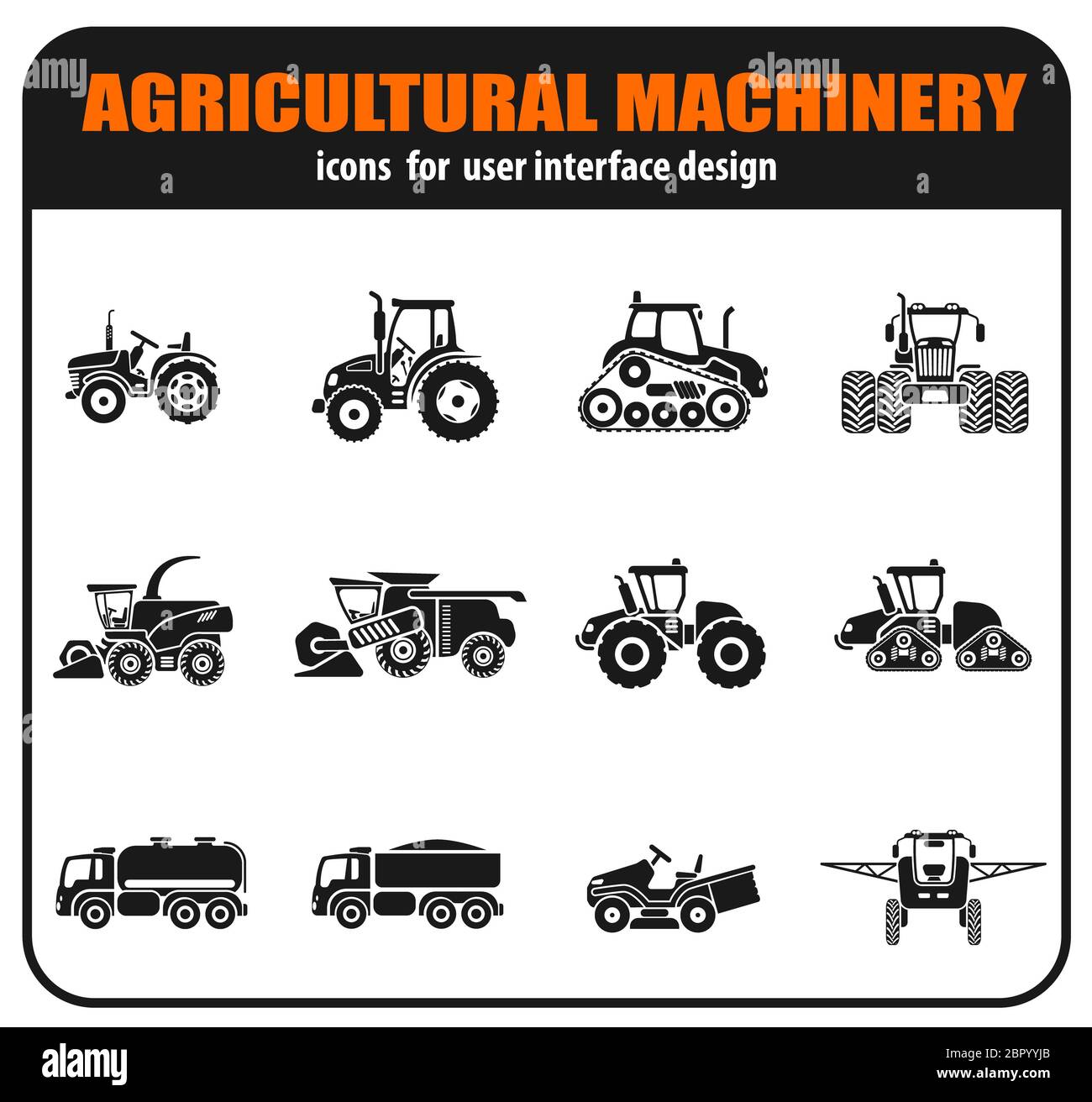 Agricultural vehicles icons set with combine tractor trailers elements ...