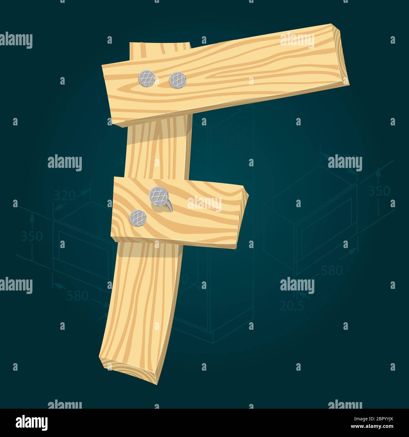 Letter F - stylized vector font made from wooden planks hammered with ...