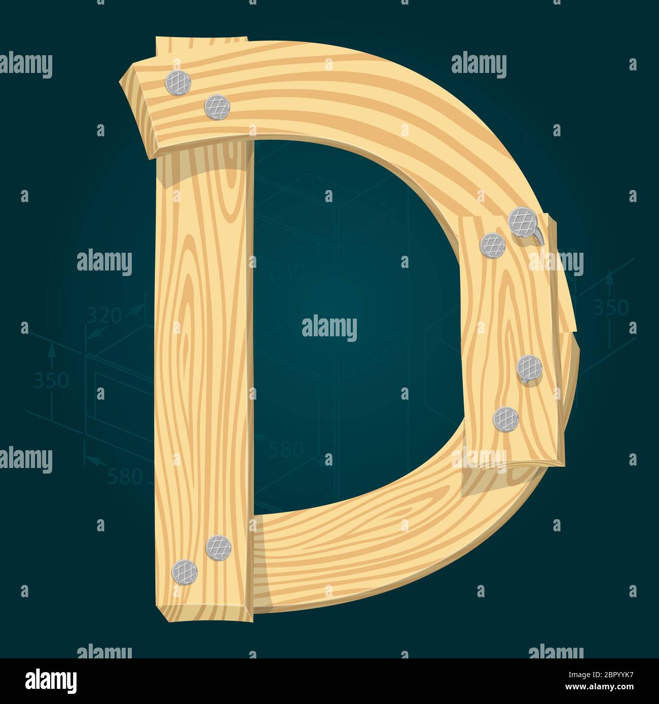 Letter D - stylized vector font made from wooden planks hammered with ...