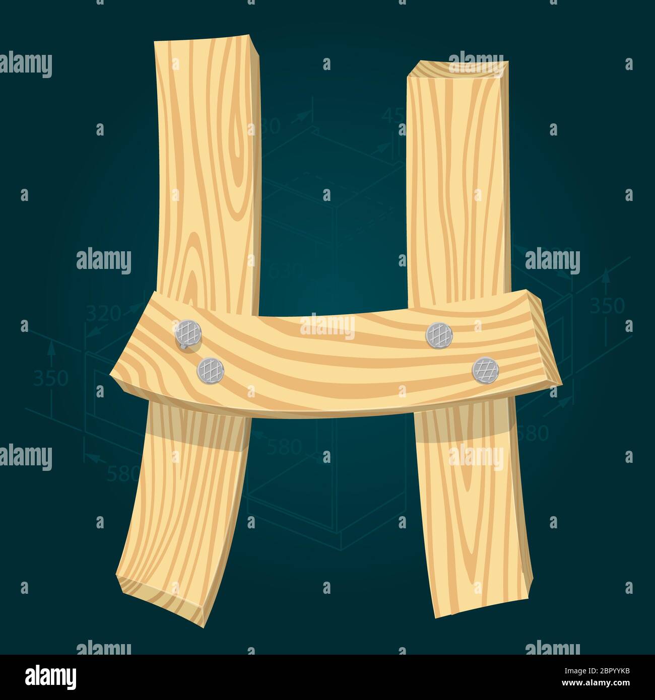 Letter H - stylized vector font made from wooden planks hammered with ...