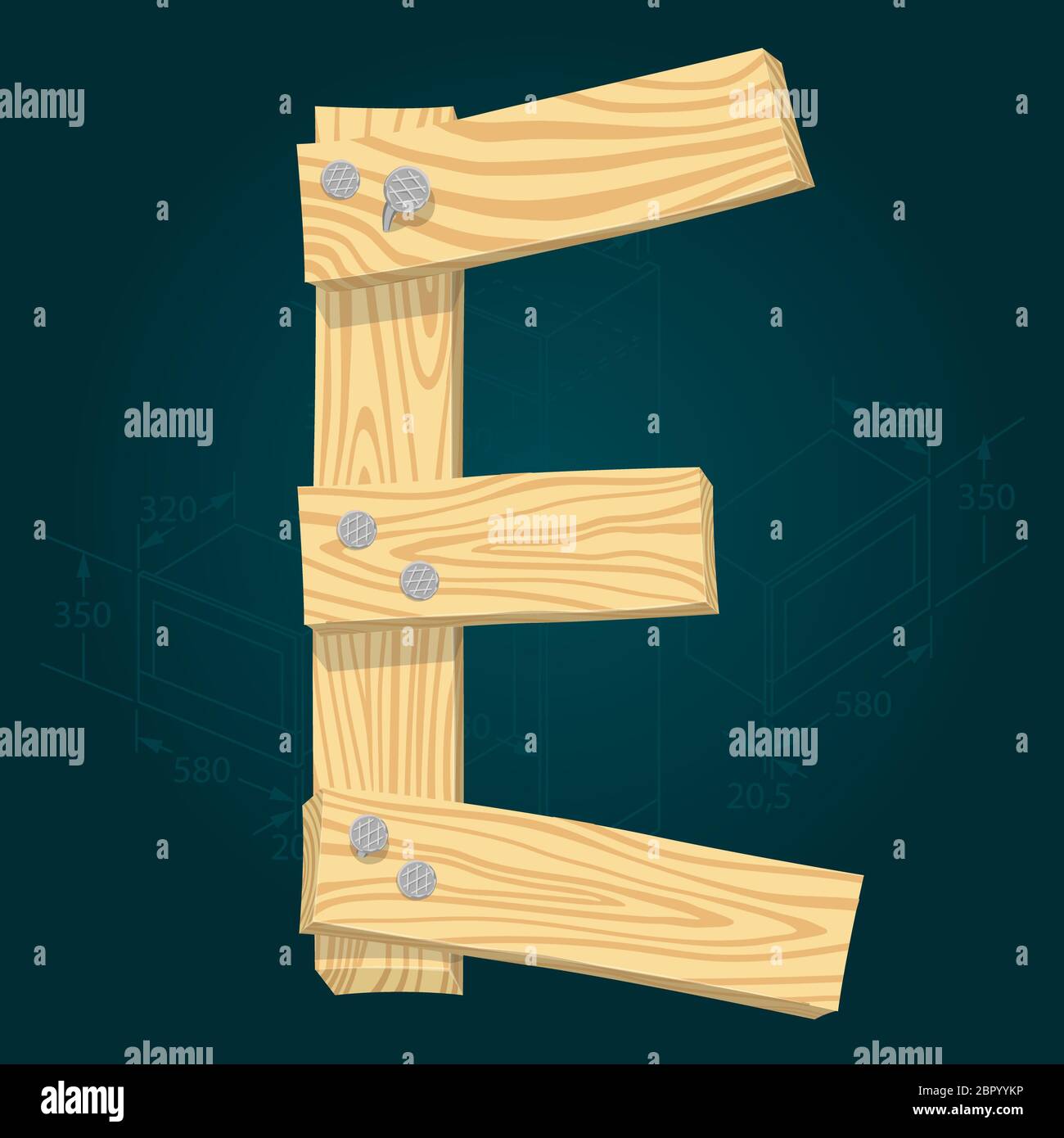 Letter E - stylized vector font made from wooden planks hammered with ...