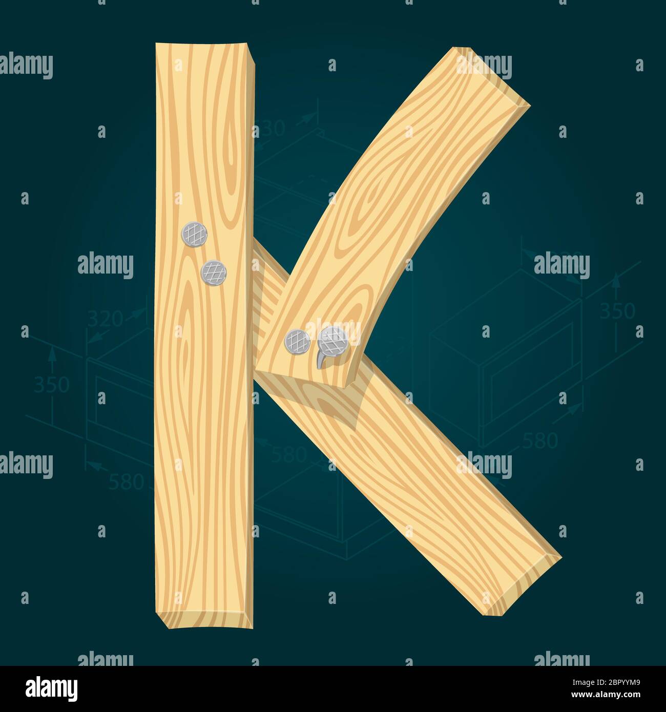 Letter K - stylized vector font made from wooden planks hammered with ...