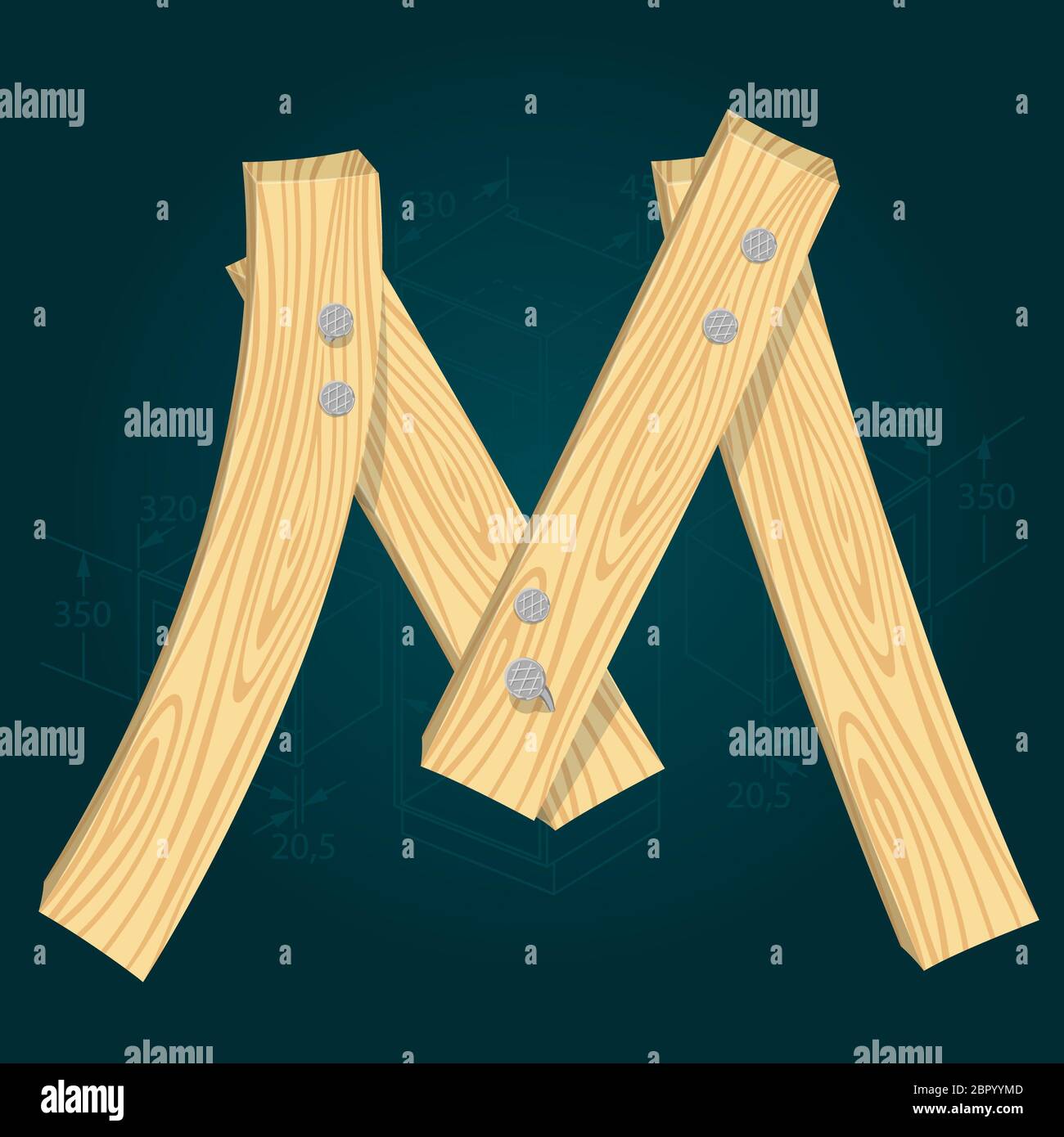 Letter M - stylized vector font made from wooden planks hammered with ...