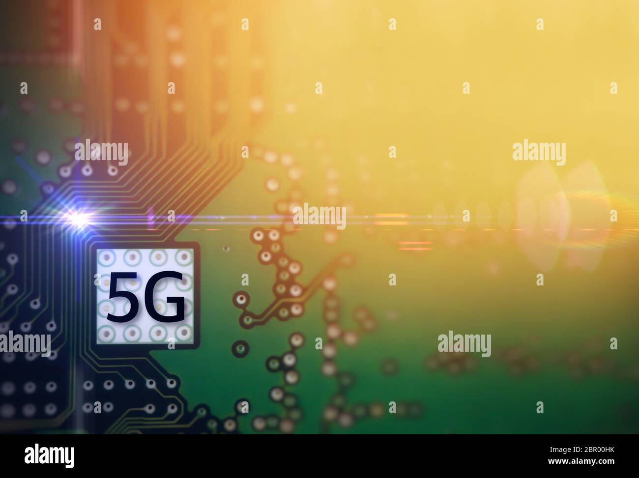 5G Mobile chip on computer board background. Copy space and Technology ...
