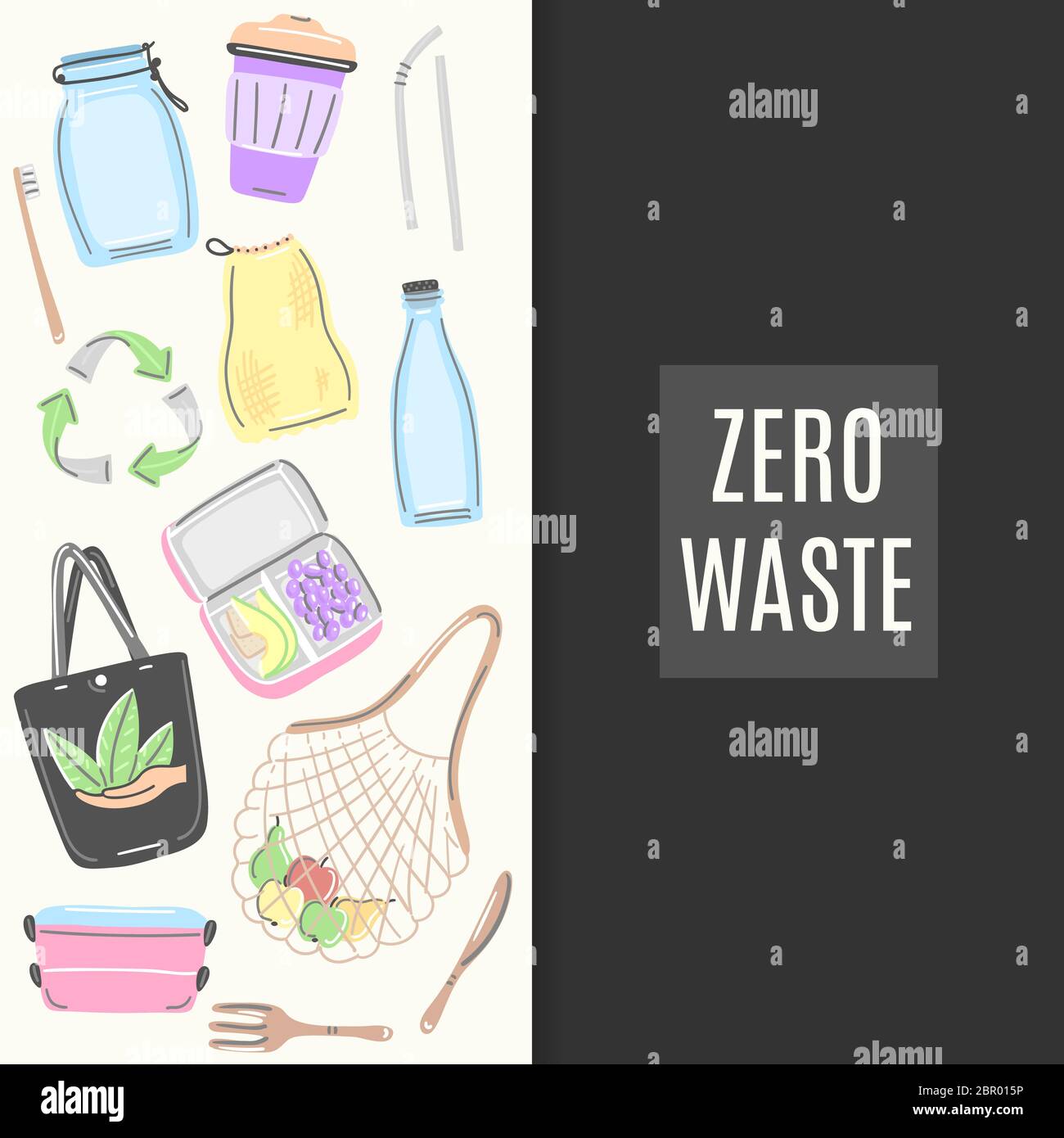 Background with zero waste objects. Hand drawn flat style. Eco ...