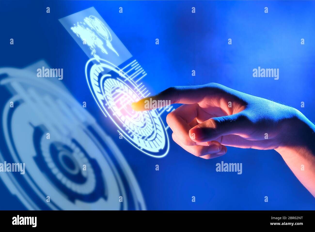 Business finger touching a circle on virtual screen which display the interface of world maps ...