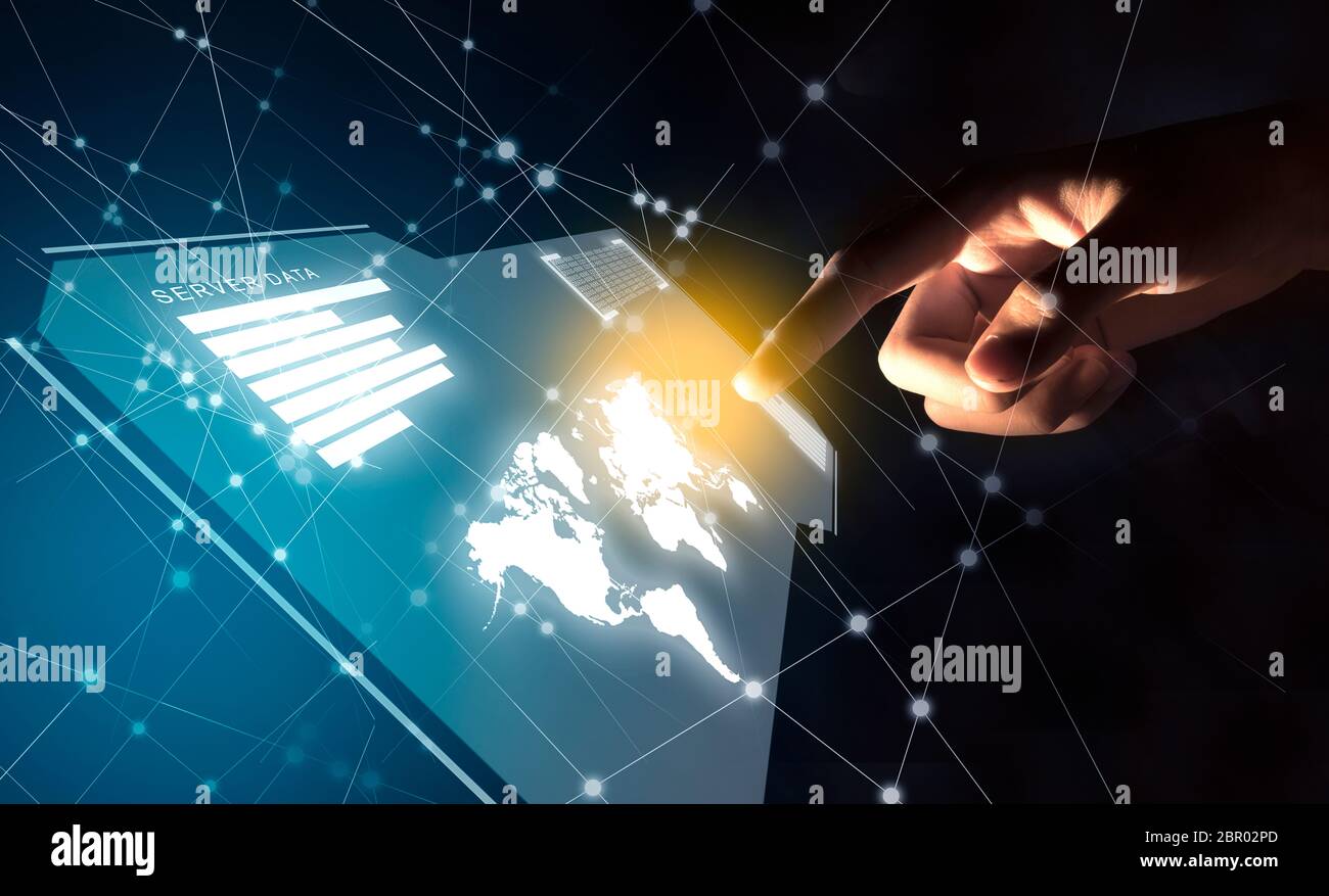 Business finger touching a virtual screen which display the interface ...