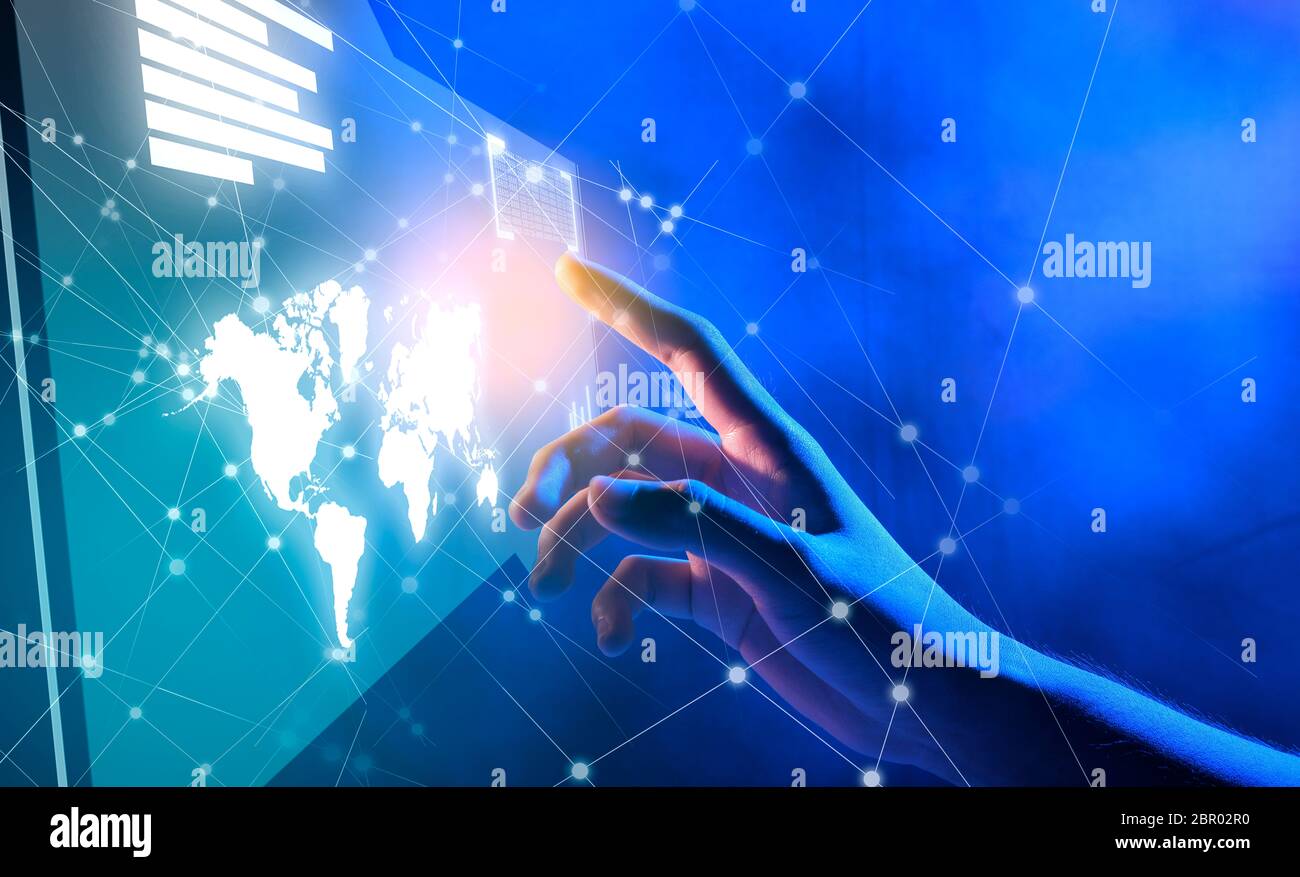 Business finger touching a virtual screen which display the interface ...