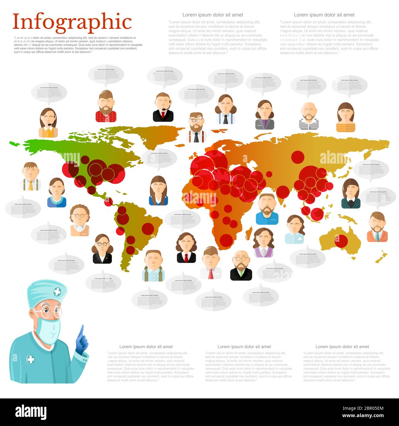 Map of coronavirus epidemic. Different people icons and red circles of ...
