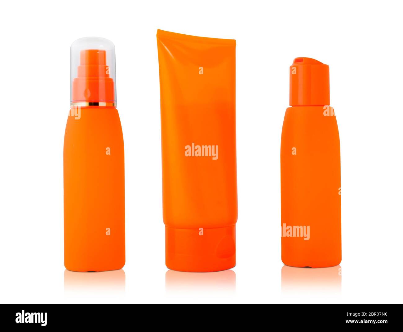 Three orange container suntan isolated on white background. With ...
