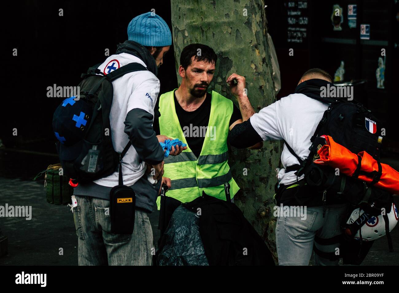 Paris France May 04, 2019 View of French street medic helping a ...