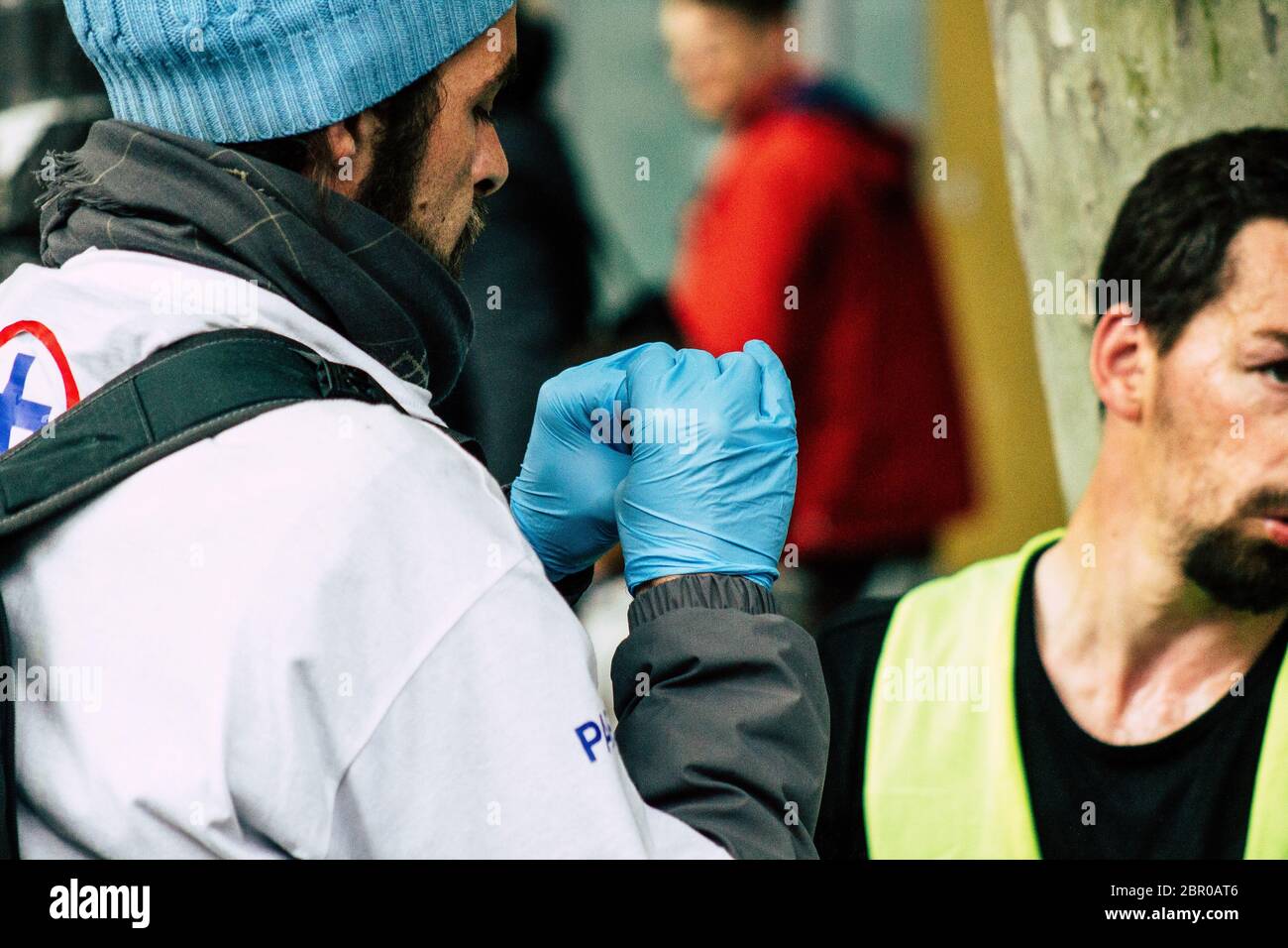 Paris France May 04, 2019 View of French street medic helping a ...