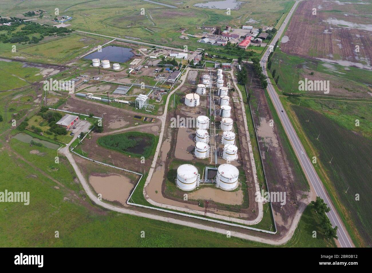 Aerial view of oil storage tanks. Industrial facility for the storage ...