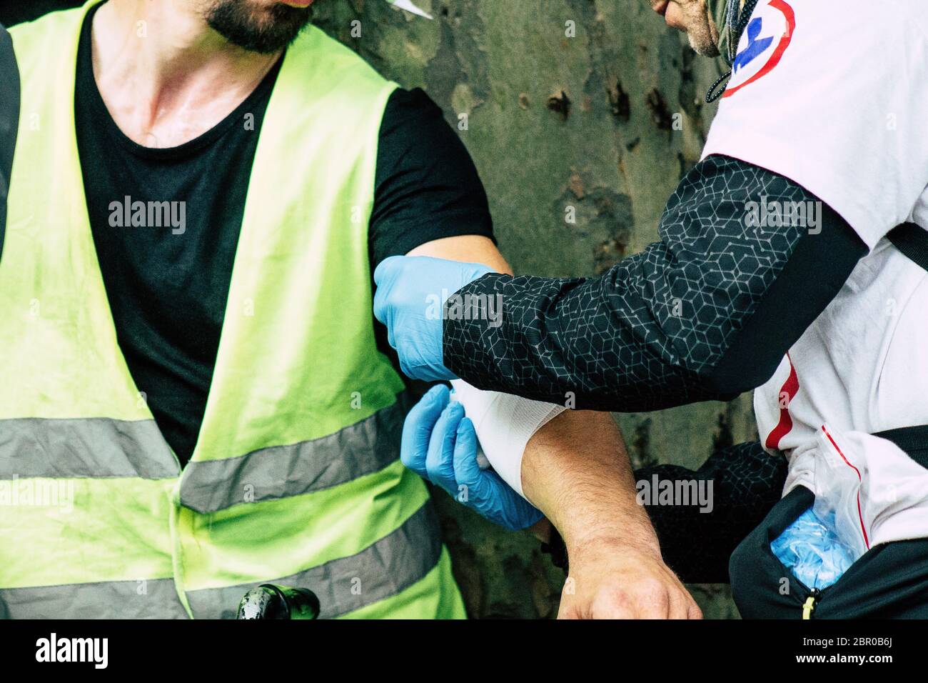 Paris France May 04, 2019 View of French street medic helping a ...