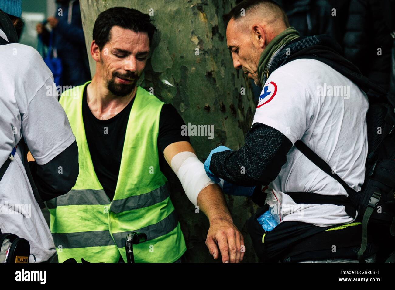 Paris France May 04, 2019 View of French street medic helping a ...