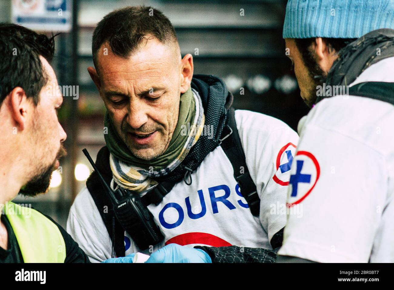 Paris France May 04, 2019 View of French street medic helping a ...