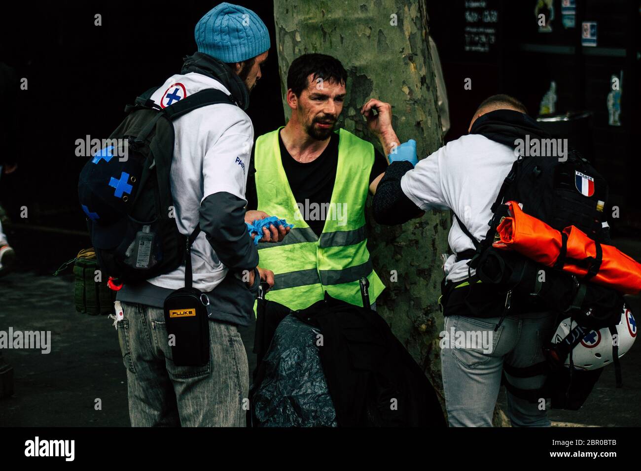 Paris France May 04, 2019 View of French street medic helping a ...