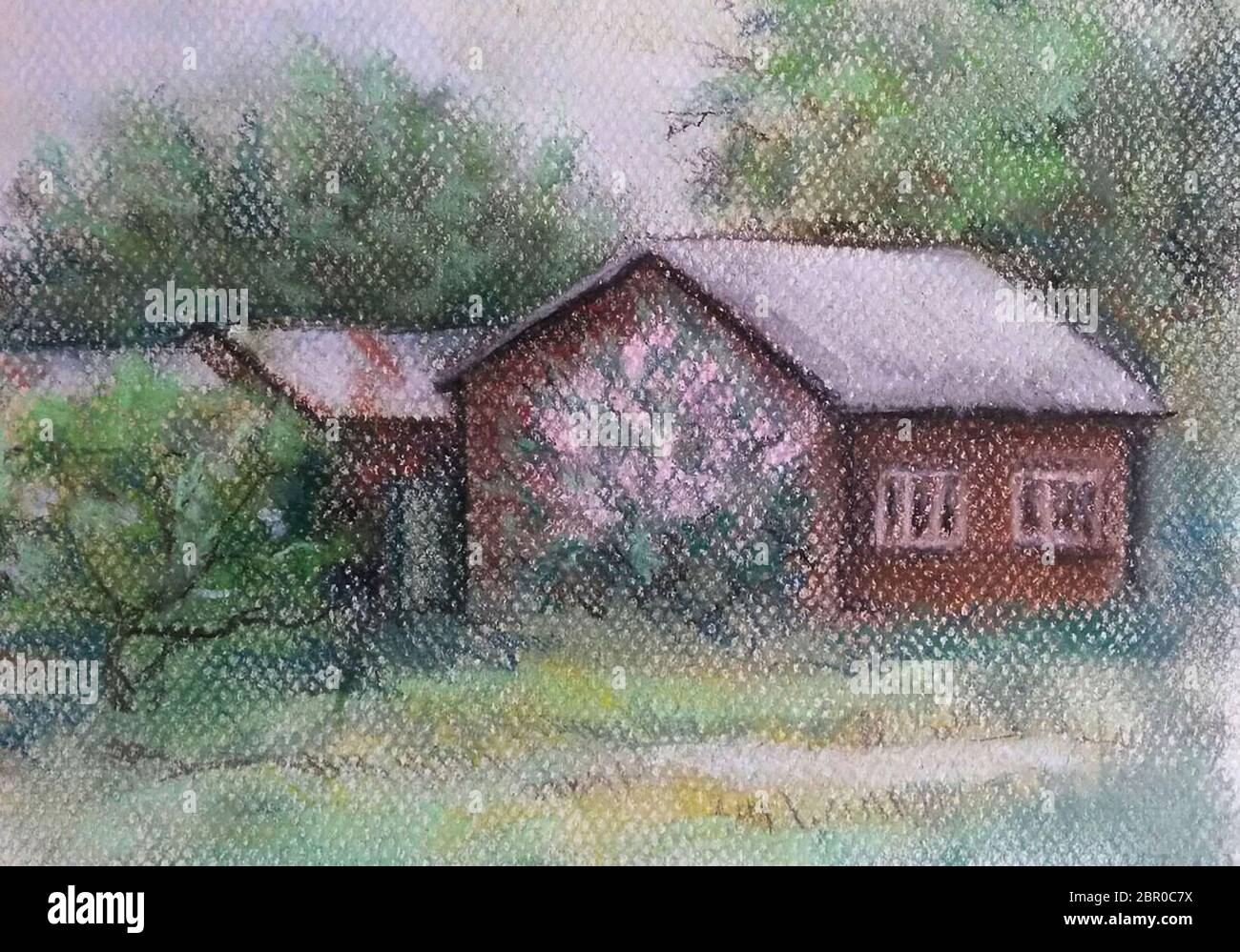 House in spring, country life, pastel painting Stock Photo - Alamy