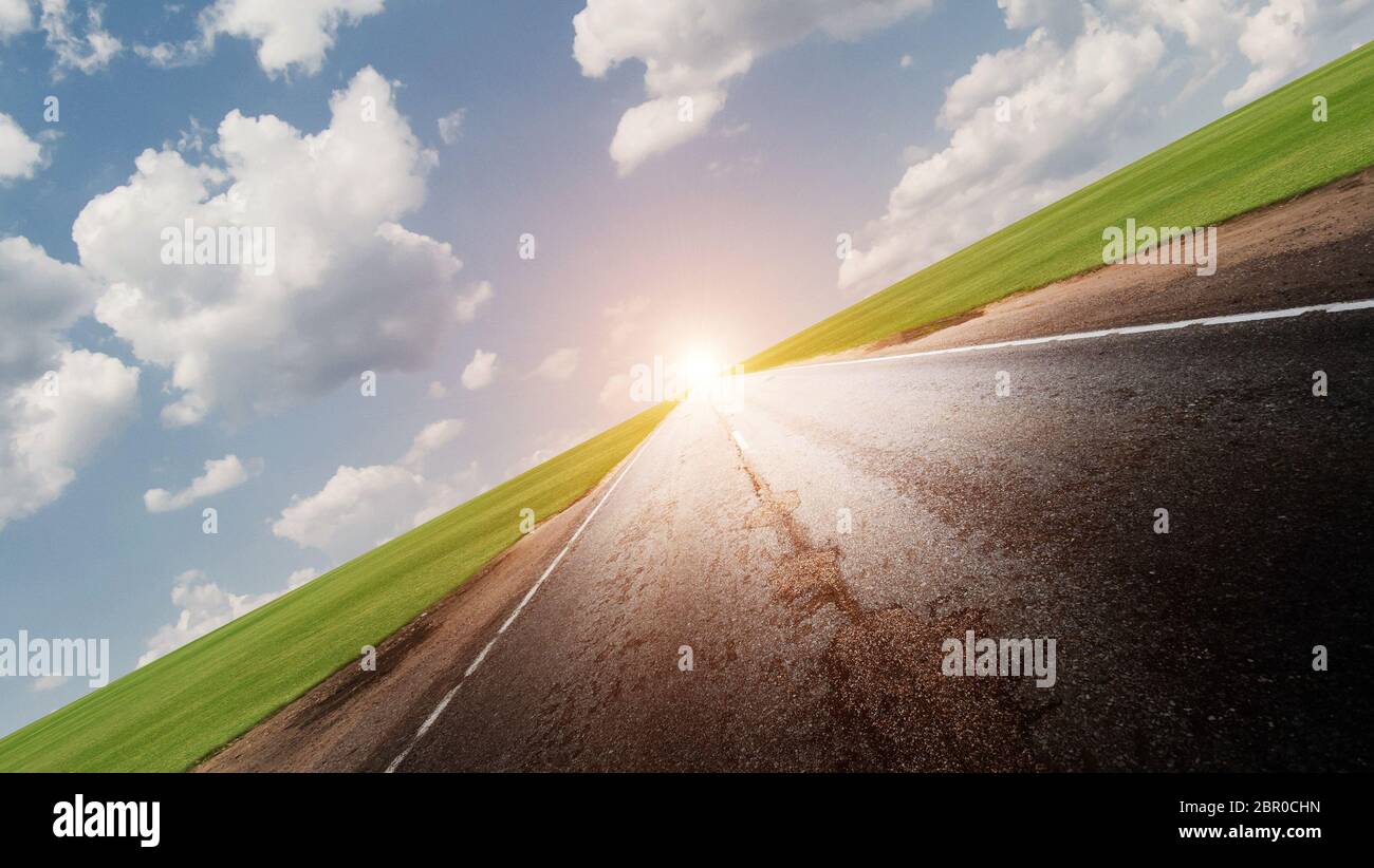 Panoramic road sunrise summer travel background Stock Photo - Alamy
