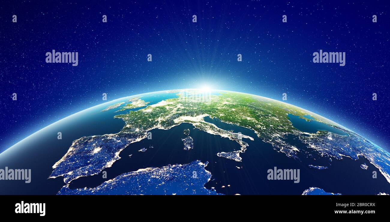 Europe sunrise from space. Elements of this image furnished by NASA. 3d ...