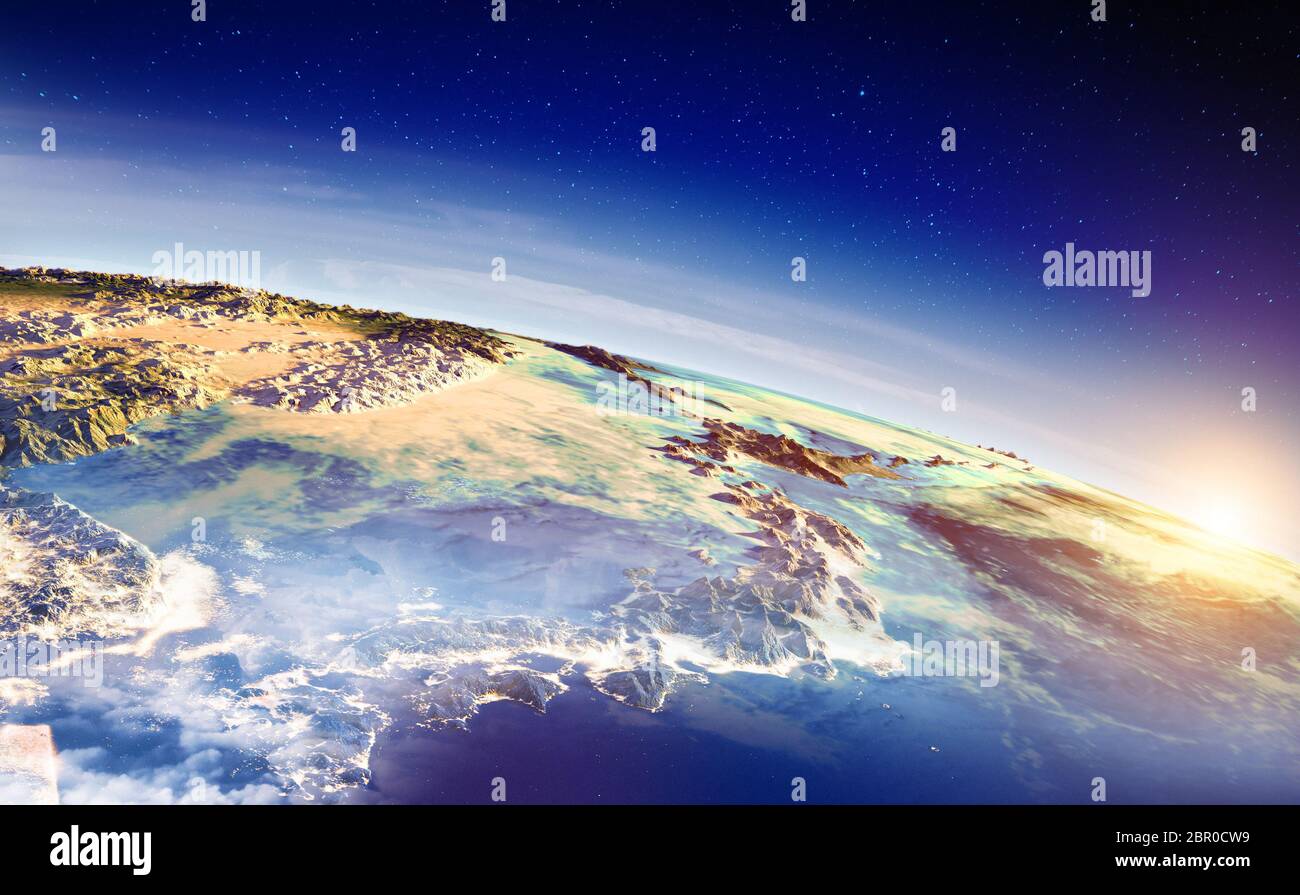 Japan space sunrise. Elements of this image furnished by NASA. 3d ...