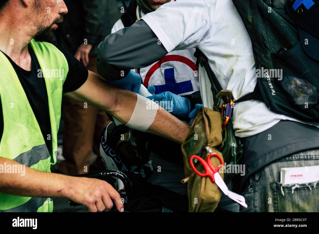 Paris France May 04, 2019 View of French street medic helping a ...