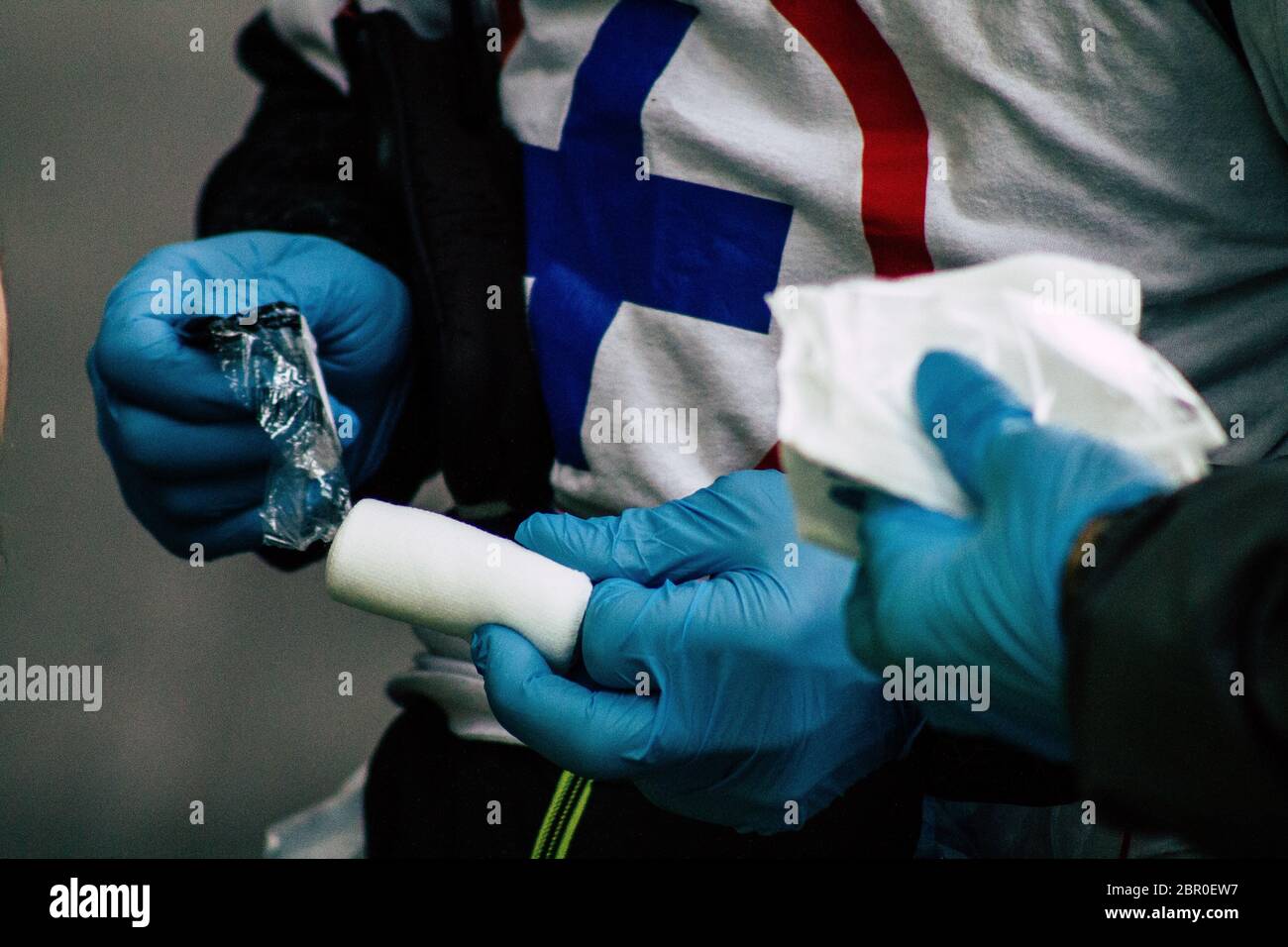 Paris France May 04, 2019 View of French street medic helping a ...