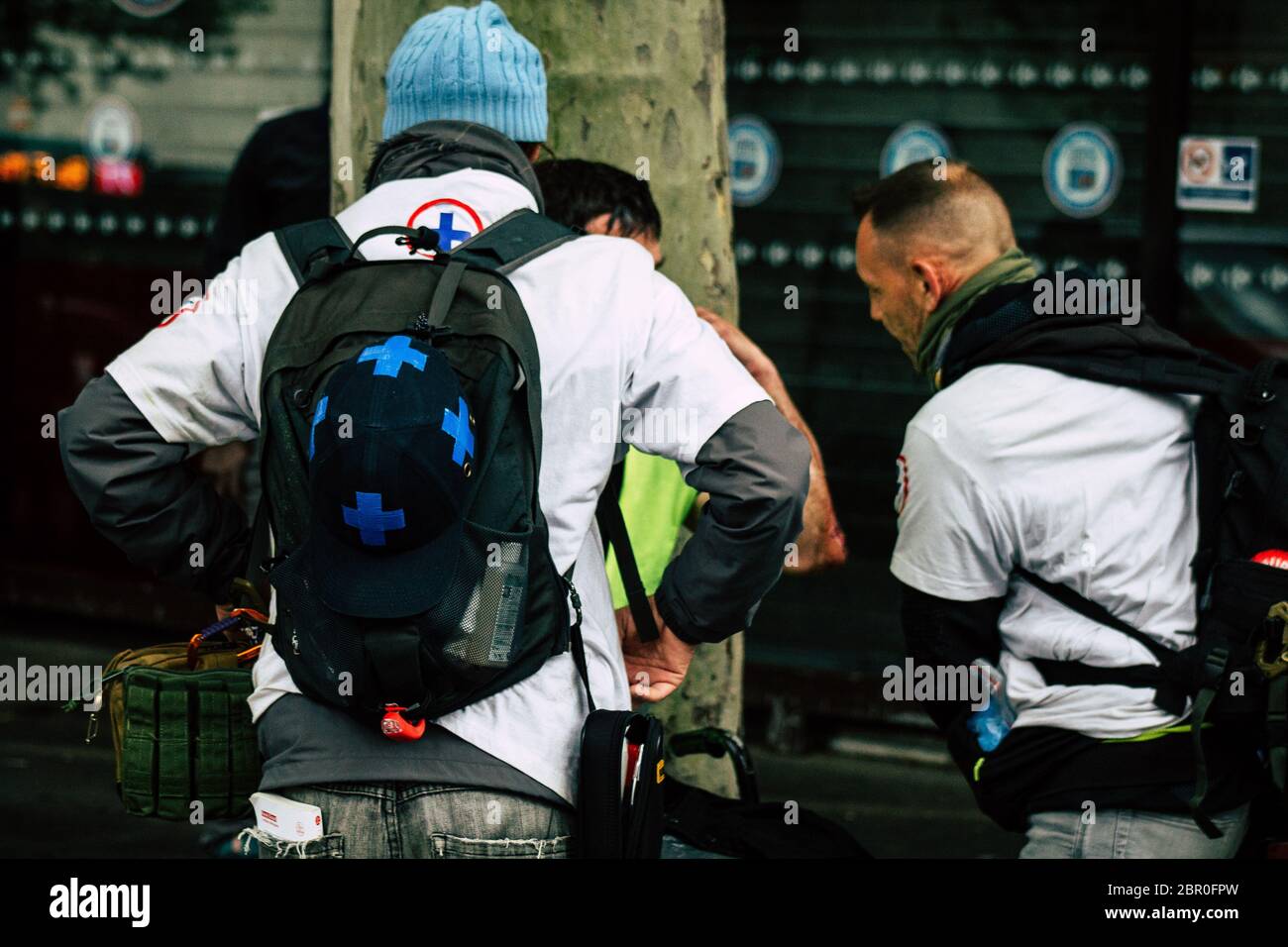 Paris France May 04, 2019 View of French street medic helping a ...