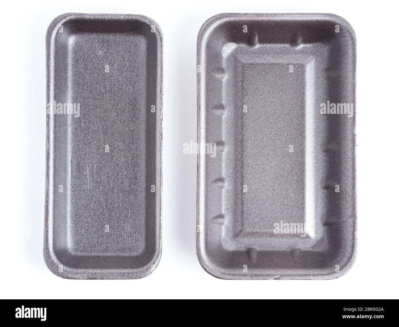 Set of two black empty food tray. Black disposable styrofoam isolated ...