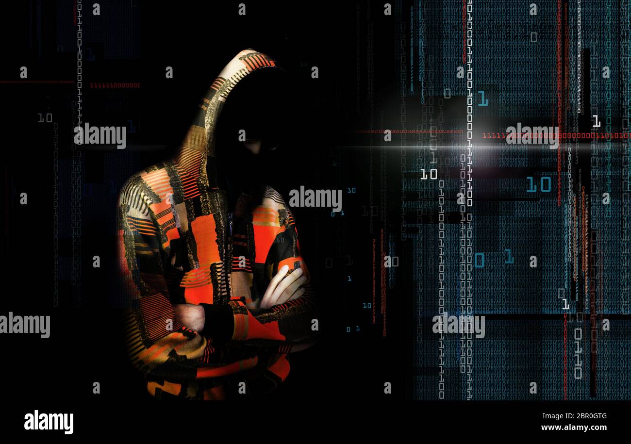 An adult online anonymous internet hacker with invisible face in urban ...