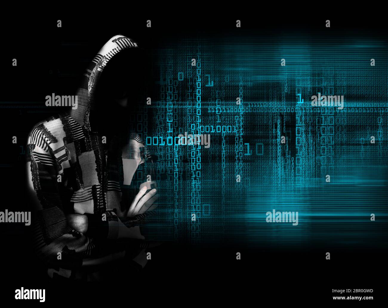 An adult online anonymous internet hacker with invisible face in urban ...