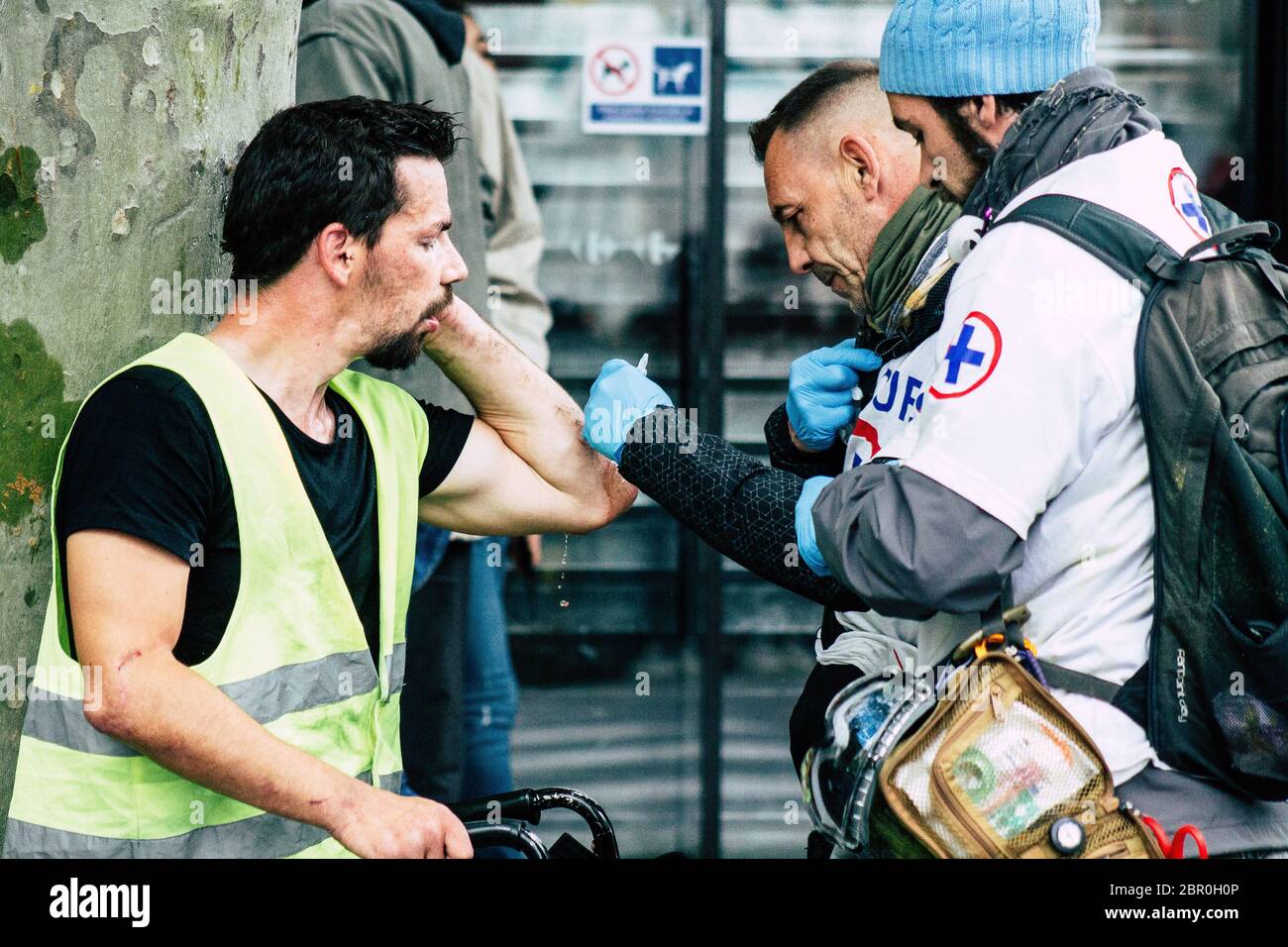 Paris France May 04, 2019 View of French street medic helping a ...
