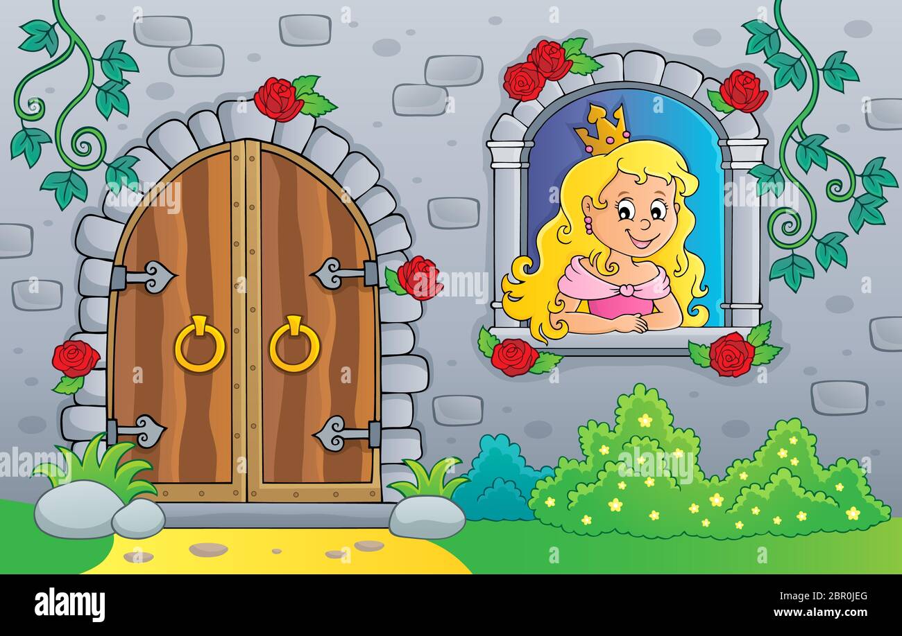 Princess in window and old door - picture illustration Stock Photo - Alamy