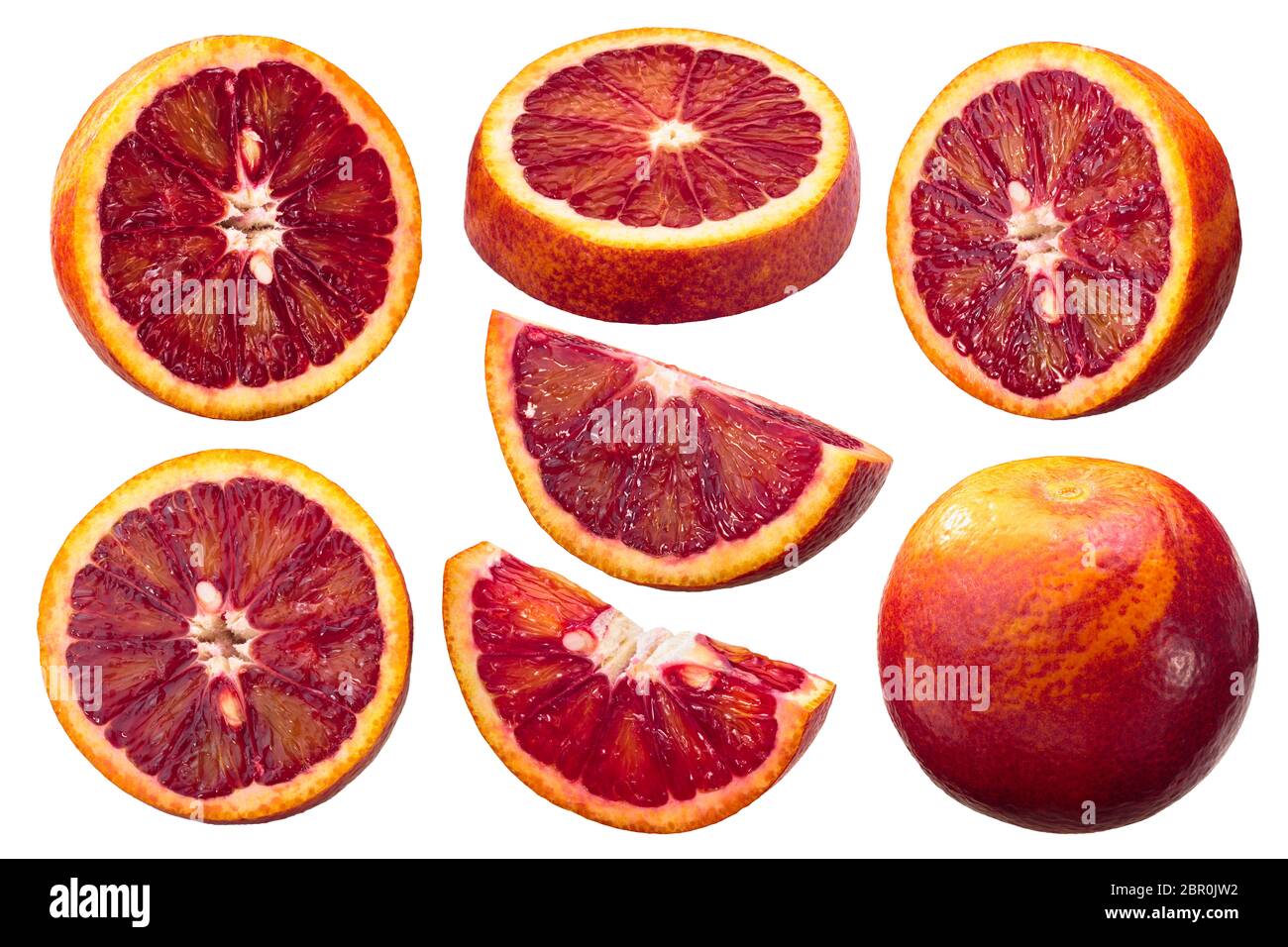 Blood oranges (Citrus x sinensis fruits), whole, halved and slices ...