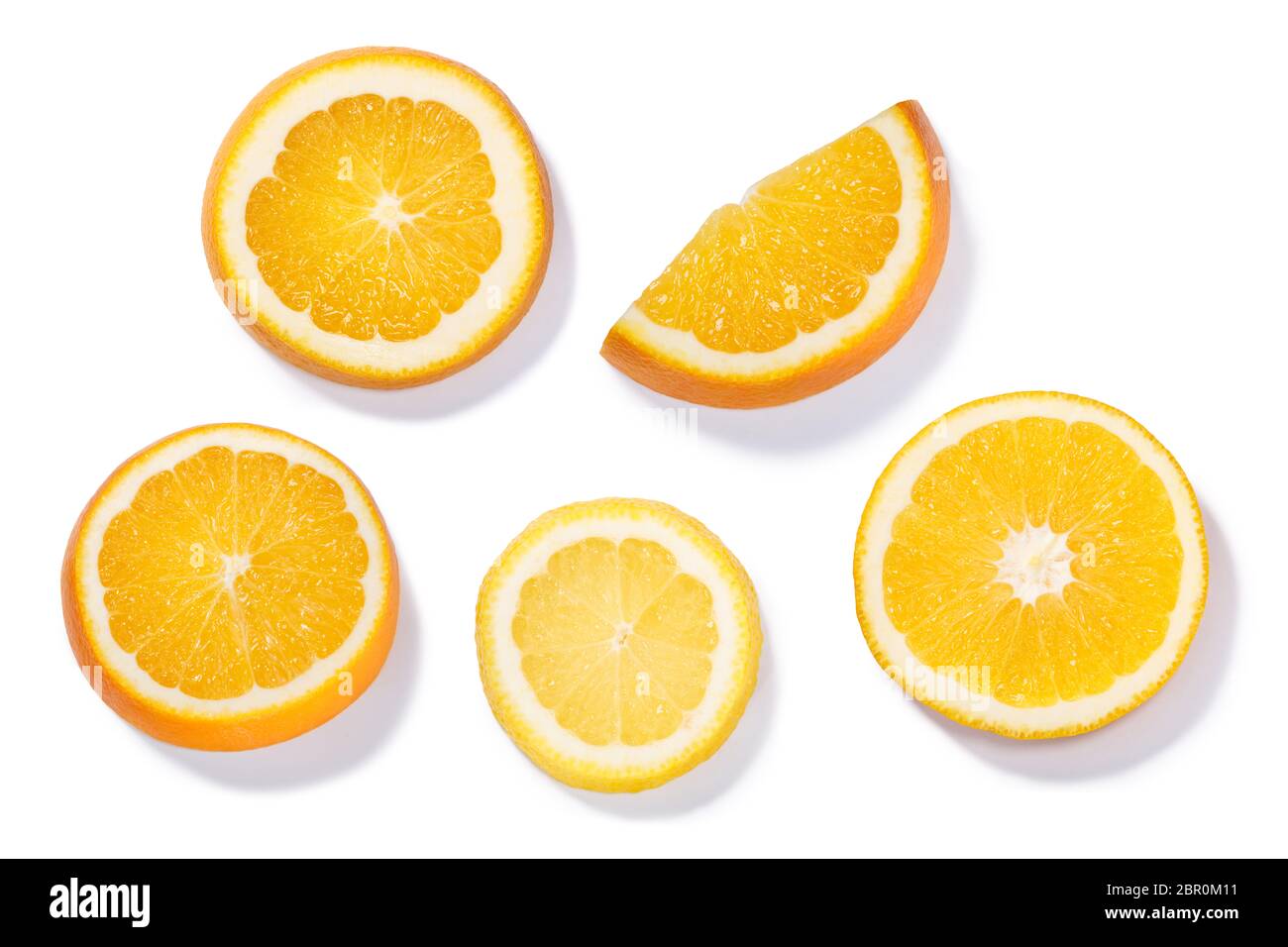 Citrus slices (orange and lemon wheels) isolated on white, fresh, top ...