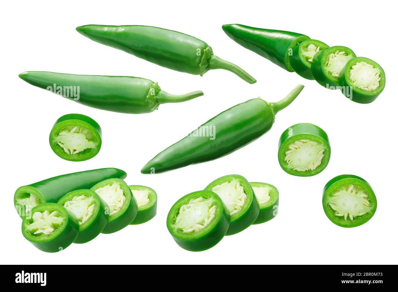 Green Chile Peppers (Capsicum annuum fruits), whole pods and sliced ...