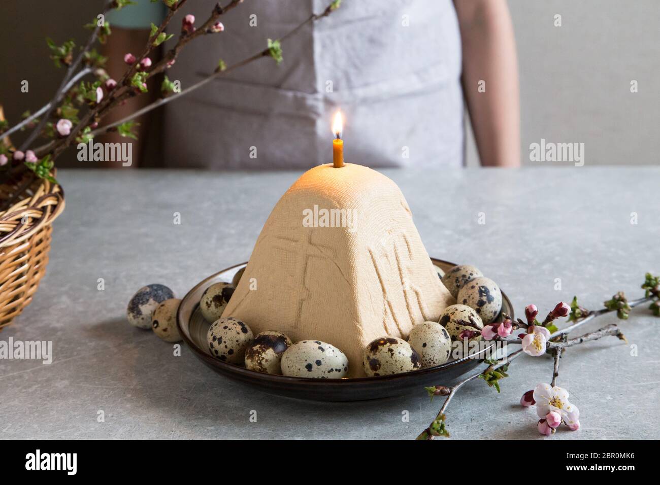 Paskha and kulich, Traditional Orthodox Easter Quark Dessert Curd. Easter background ...