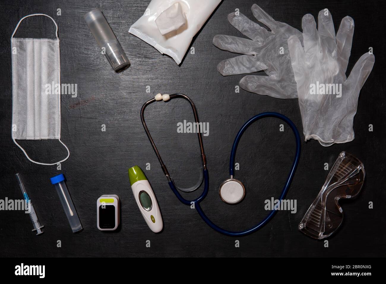 Doctor's equipment-stethoscope, thermometer, oximeter, test tube ...